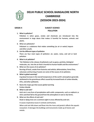 Pollution notebook notes question and answers | PDF