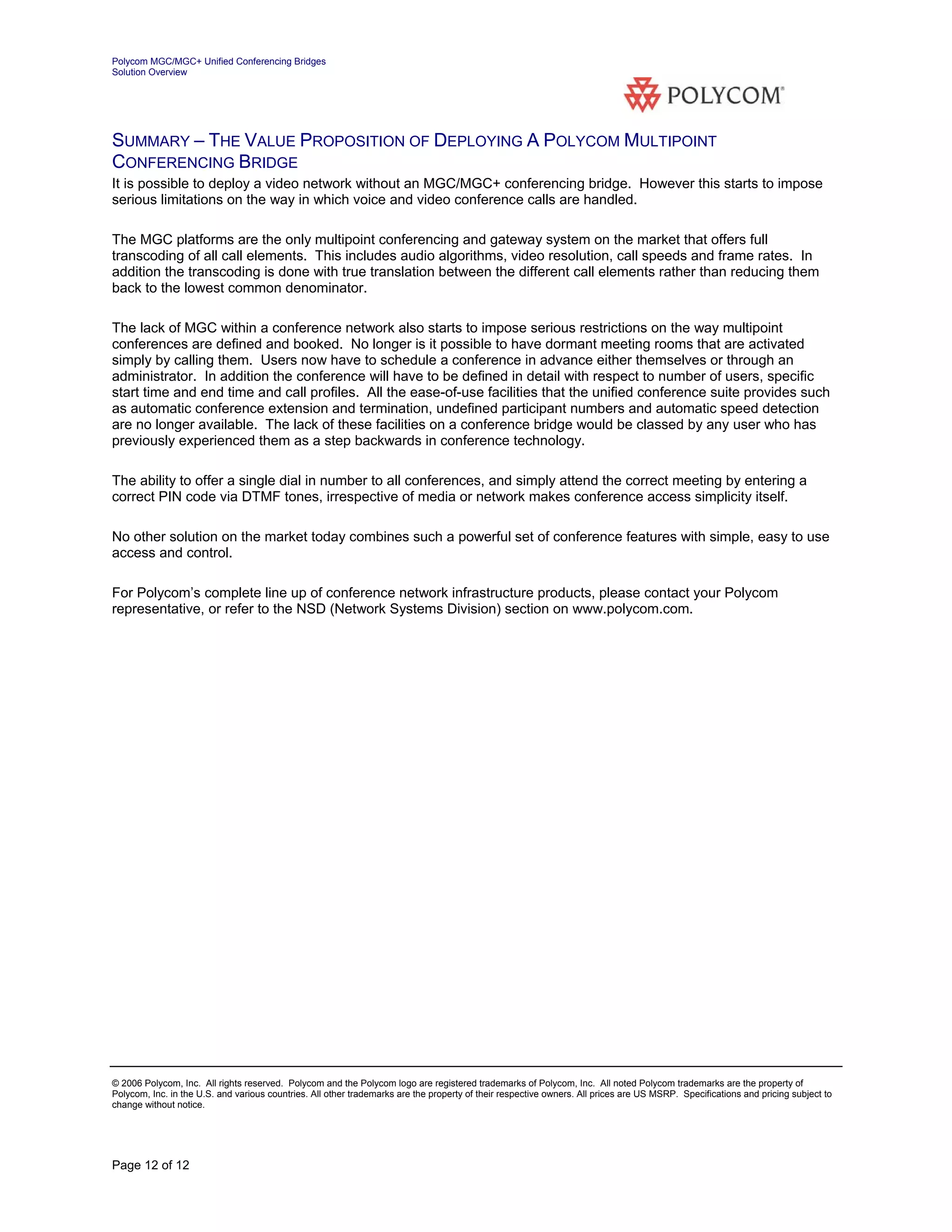 Polycom MGC/MGC Unified Conferencing Bridges Solution Overview | PDF