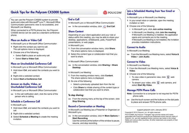 Polycom cx5000 quick_reference_card | PDF | Web Conferencing | Computer Software and Applications