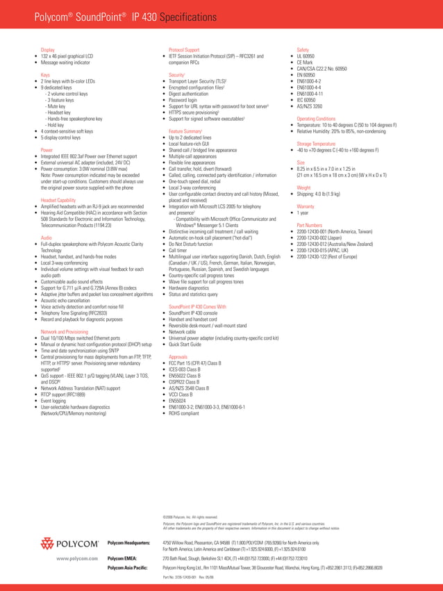Polycom soundpoint ip430 data sheet | PDF