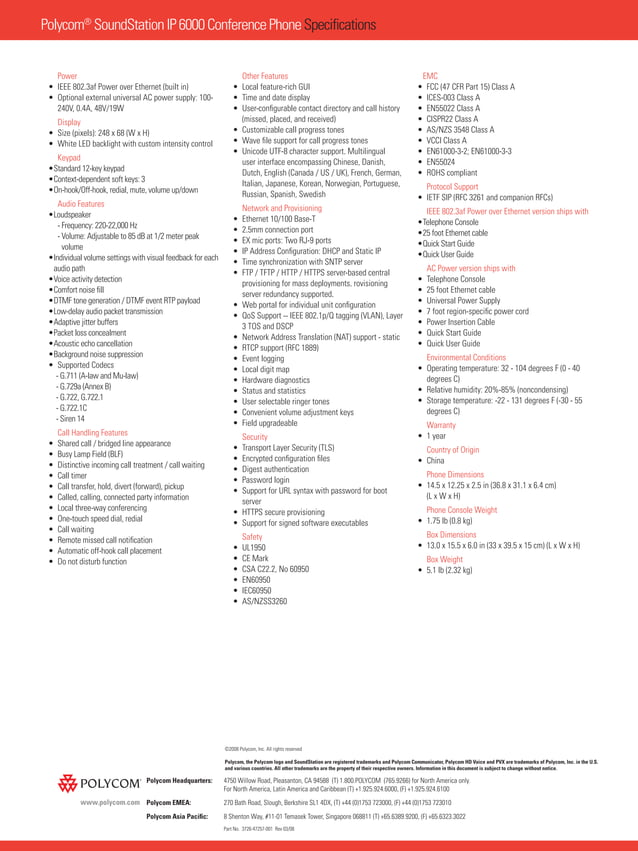 Polycom soundstation ip6000 sip data sheet | PDF Polycom soundstation ip6000 sip data sheet | PDF