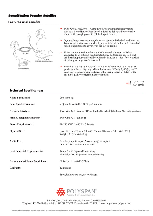 Polycom soundstation premier satellite data sheet | PDF
