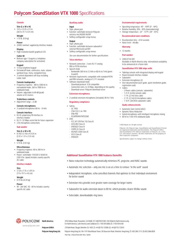 Polycom soundstation vtx1000 data sheet | PDF