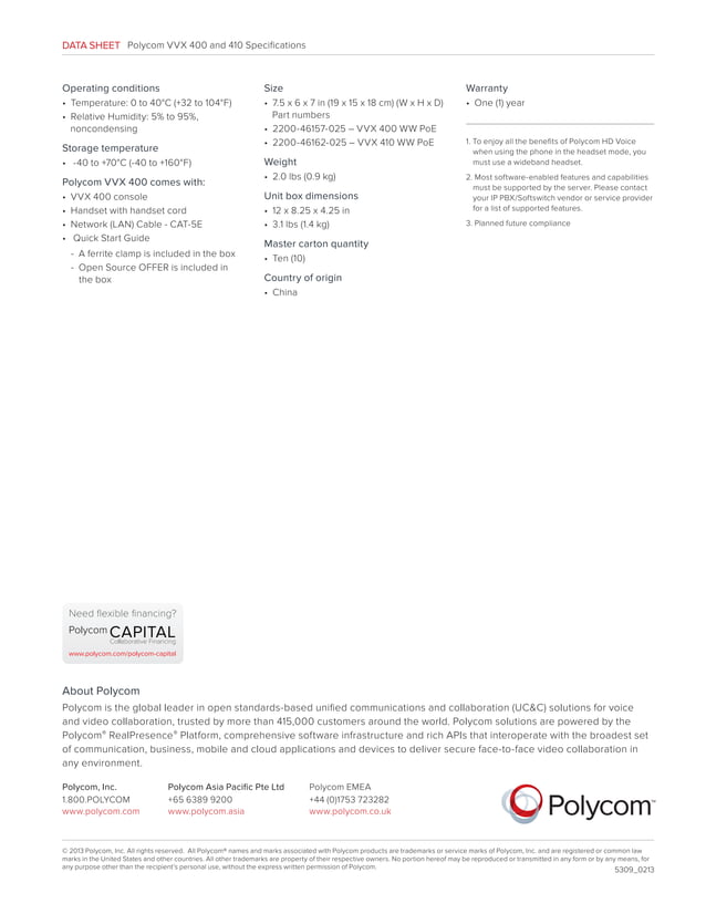 Polycom vvx400 range data sheet | PDF