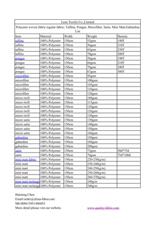 Polyester fabric list, taffeta, pongee, microfiber, satin, gabardine ...