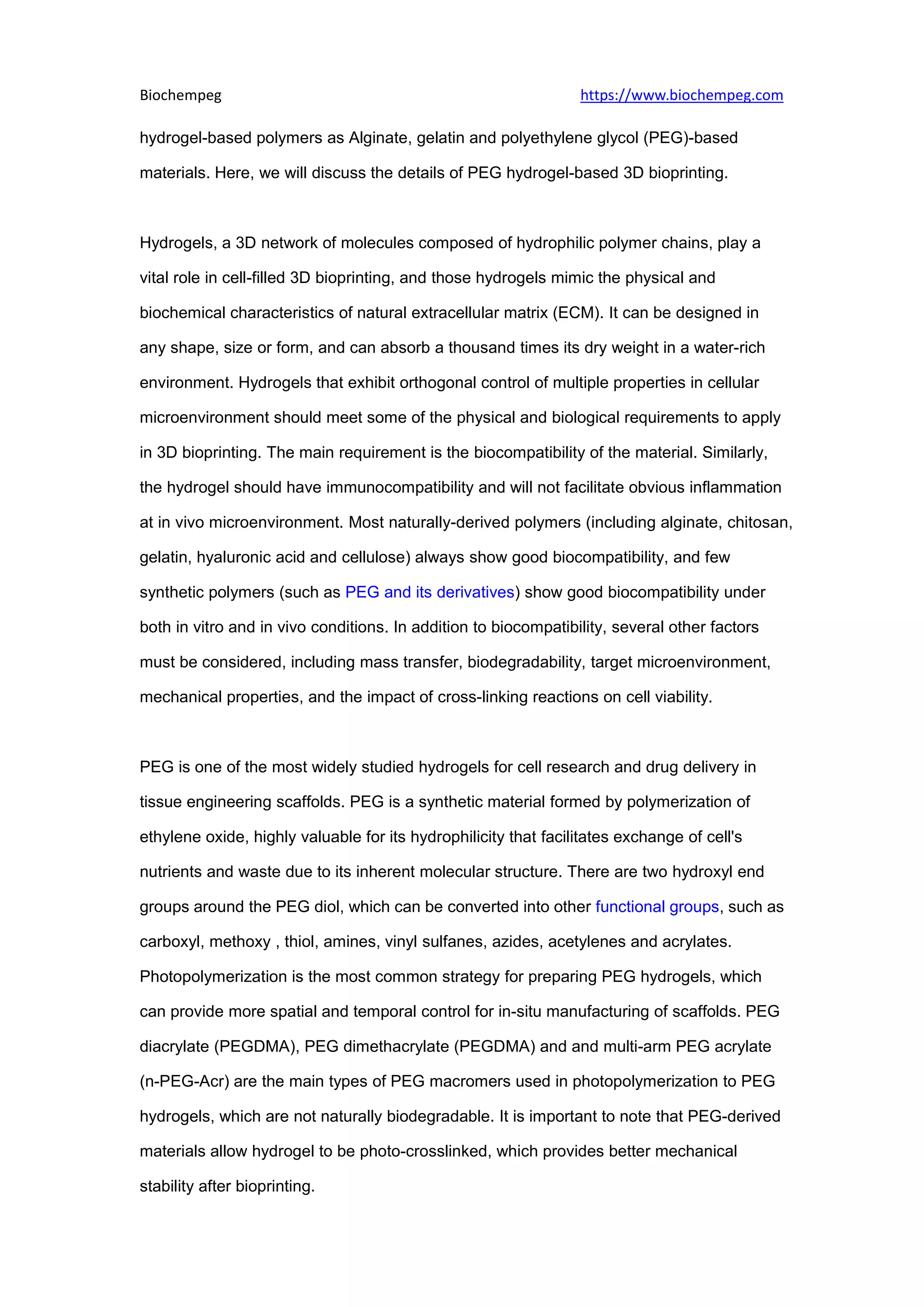 Polyethylene glycol (peg) hydrogel based 3 d bioprinting biochempeg | PDF
