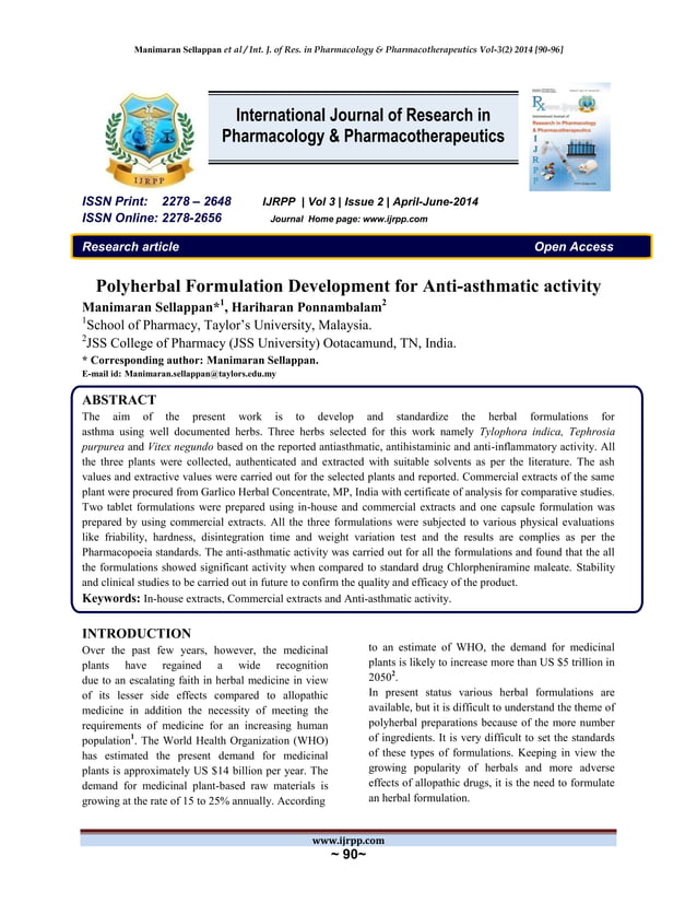 Polyherbal formulation development for anti asthmatic activity | PDF ...