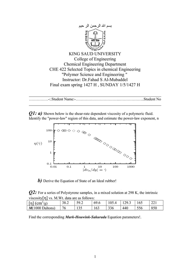 Polymer che 422 polymer final examination spring 1427 | DOC