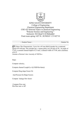 Polymer che 422 polymer final examination spring 1427 | DOC