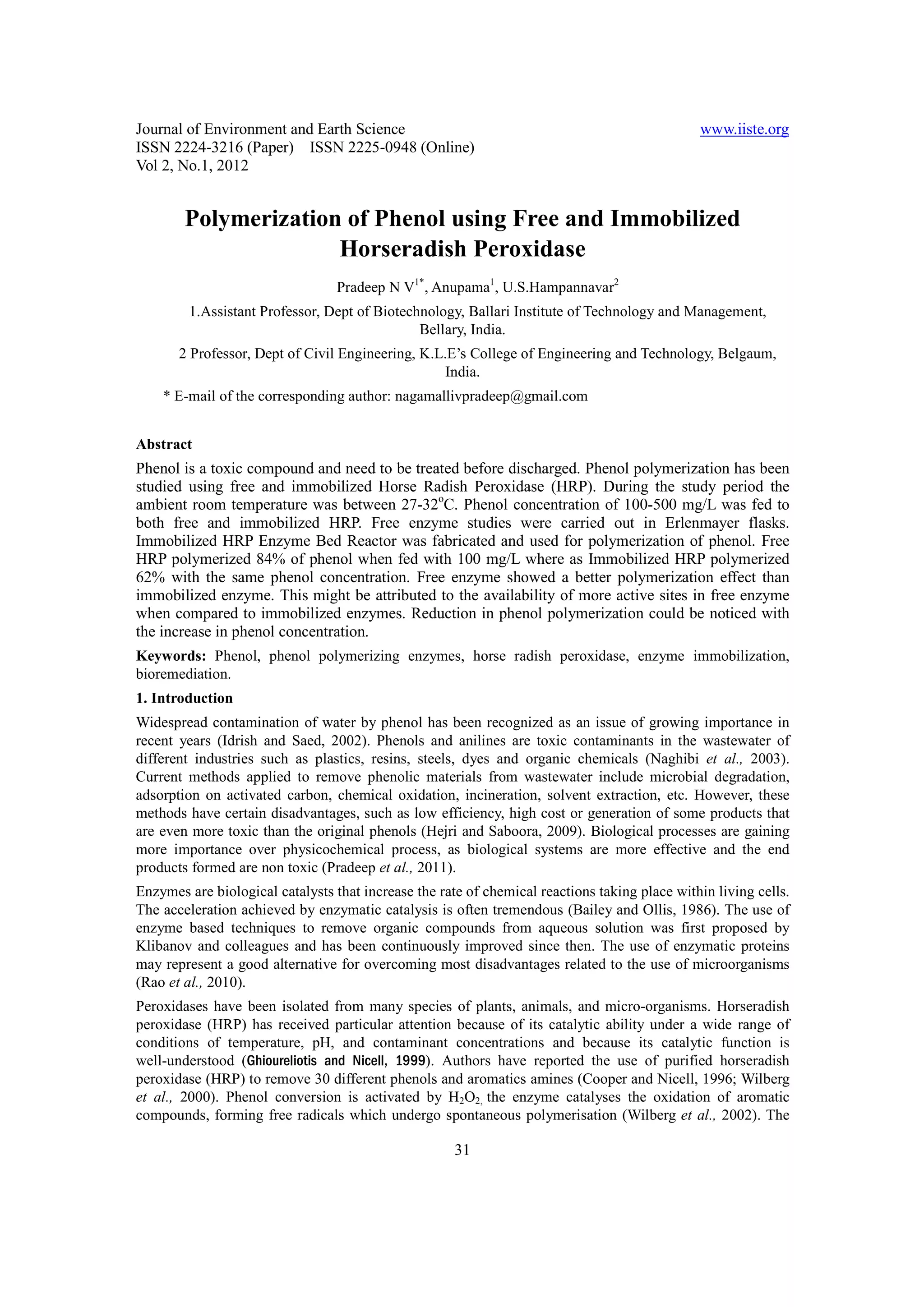 Polymerization of phenol using free and immobilized horseradish ...