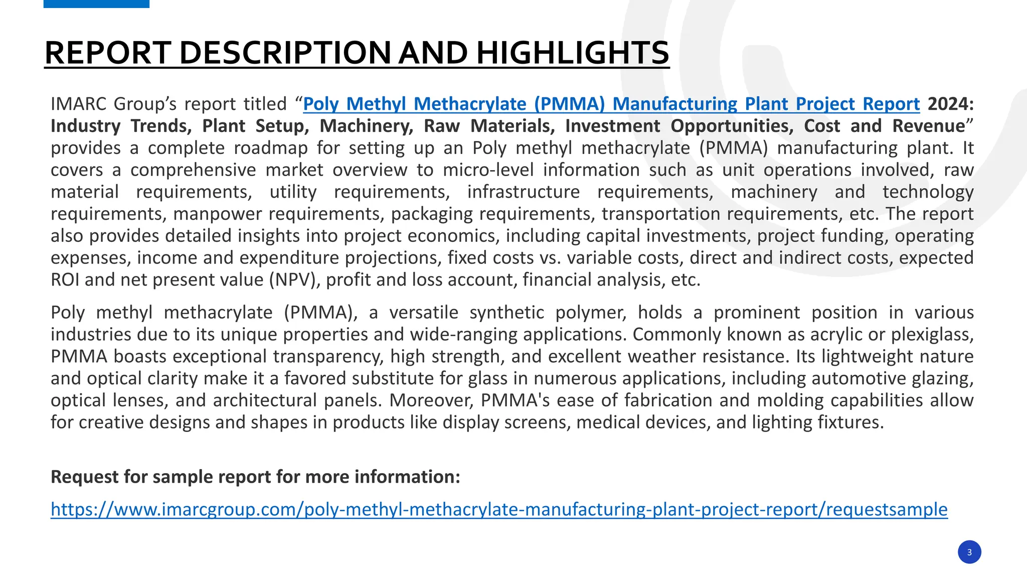 Poly Methyl Methacrylate (PMMA) Manufacturing Plant Cost, Manufacturing ...