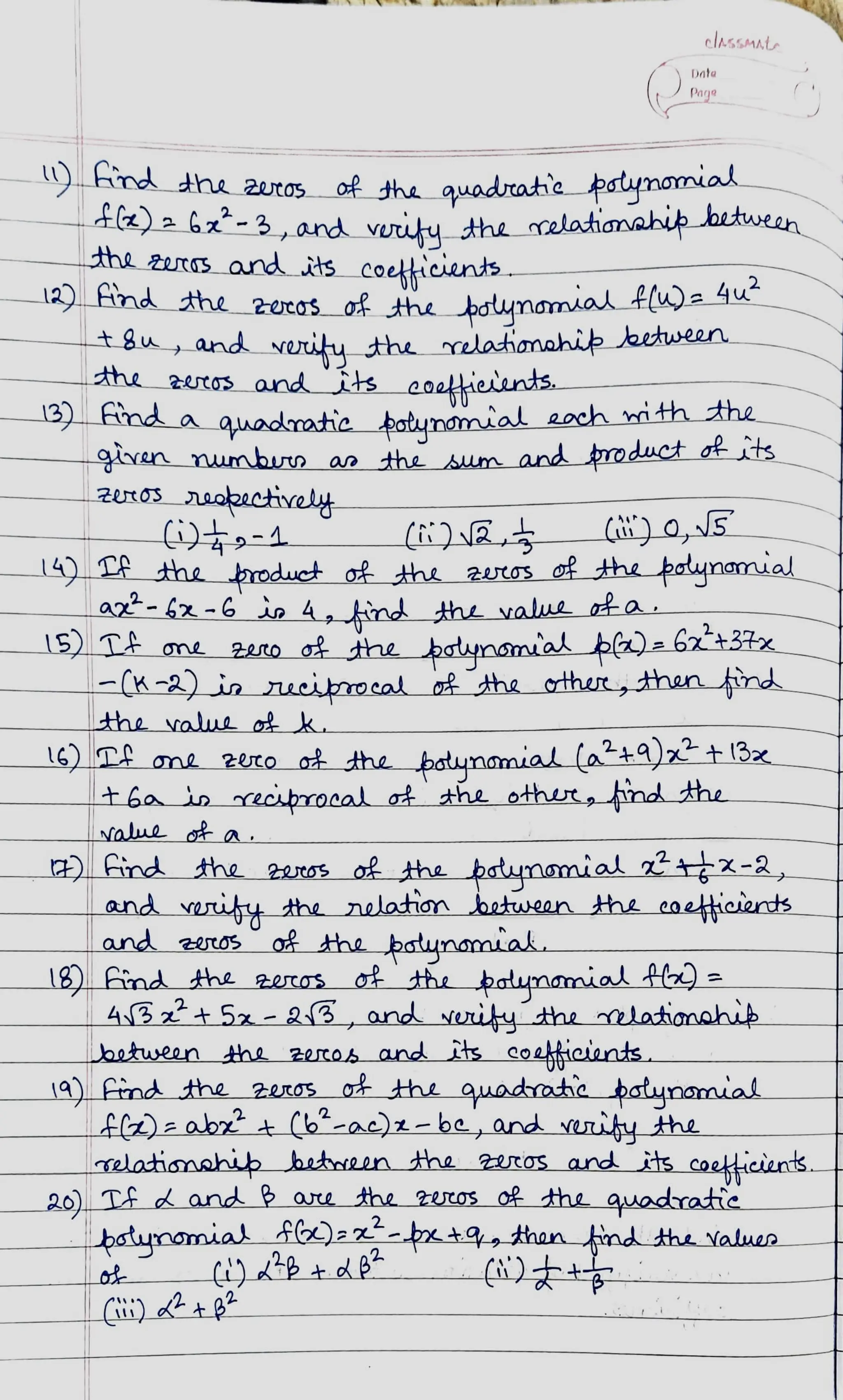 Grade 10 - CBSE - Polynomials - Worksheet | PDF