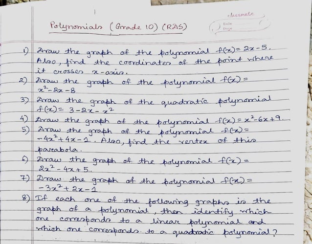 Grade 10 - CBSE - Polynomials - Worksheet | PDF