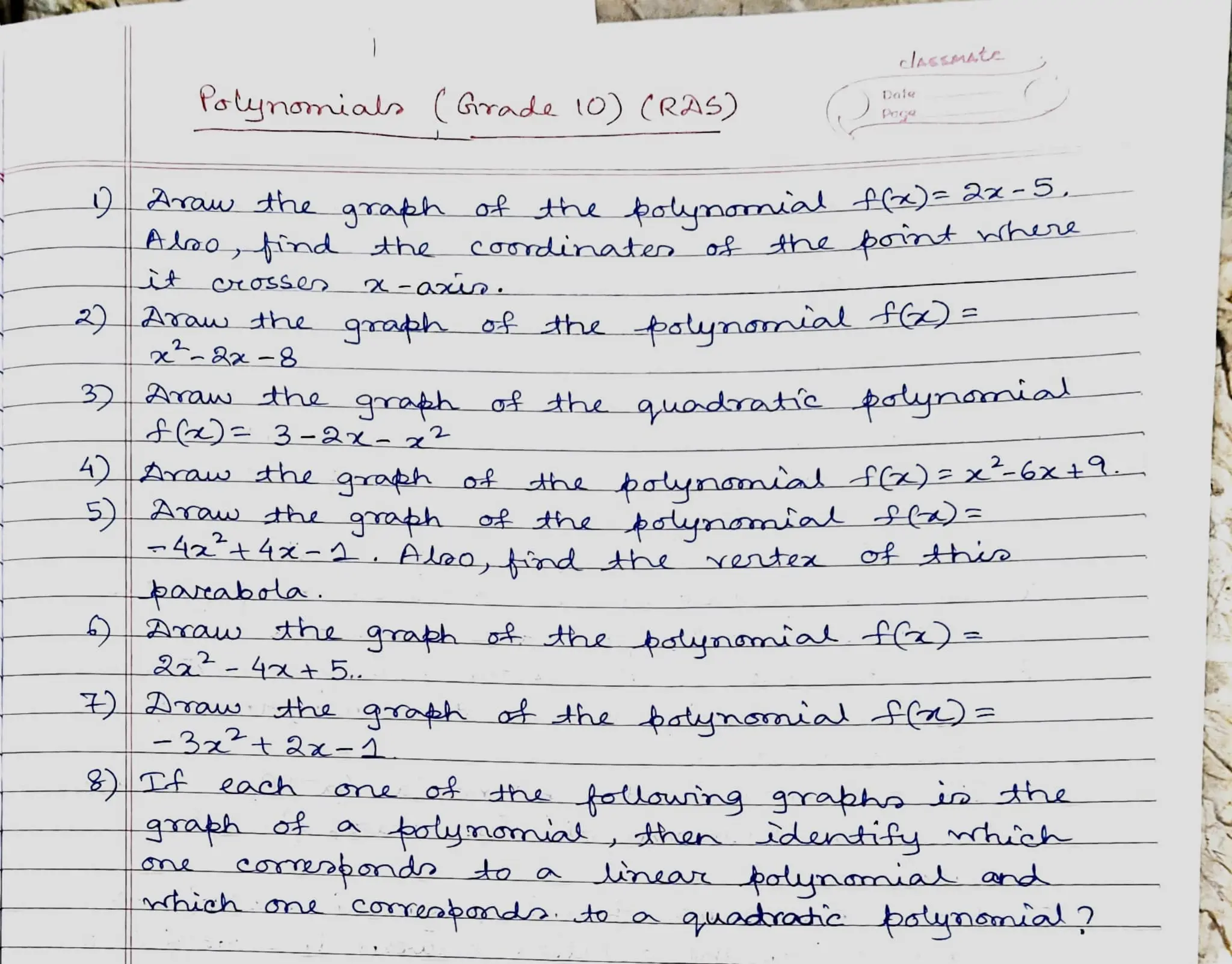 CBSE Grade 10 Mathematics Ch 2 Polynomials Worksheet (RDS) | PDF