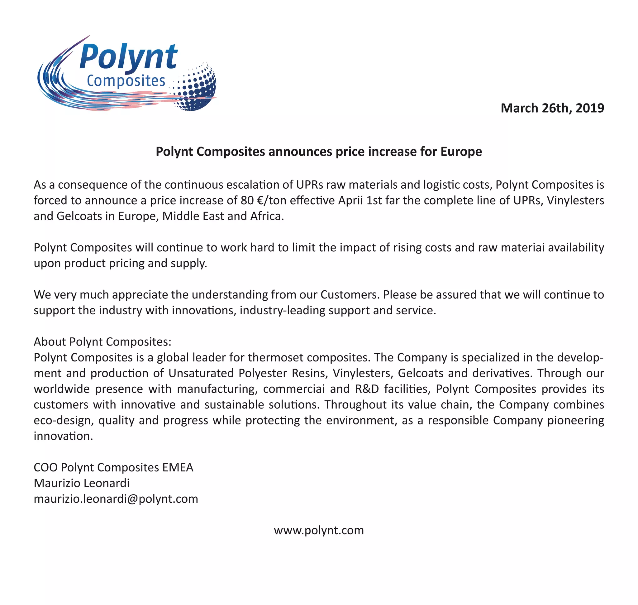 Polynt Composites - Price increase for Europe - April 2019 | PDF