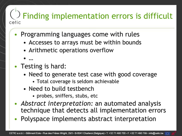 Polyspace CETIC presentation | PPT | Programming Languages | Computing