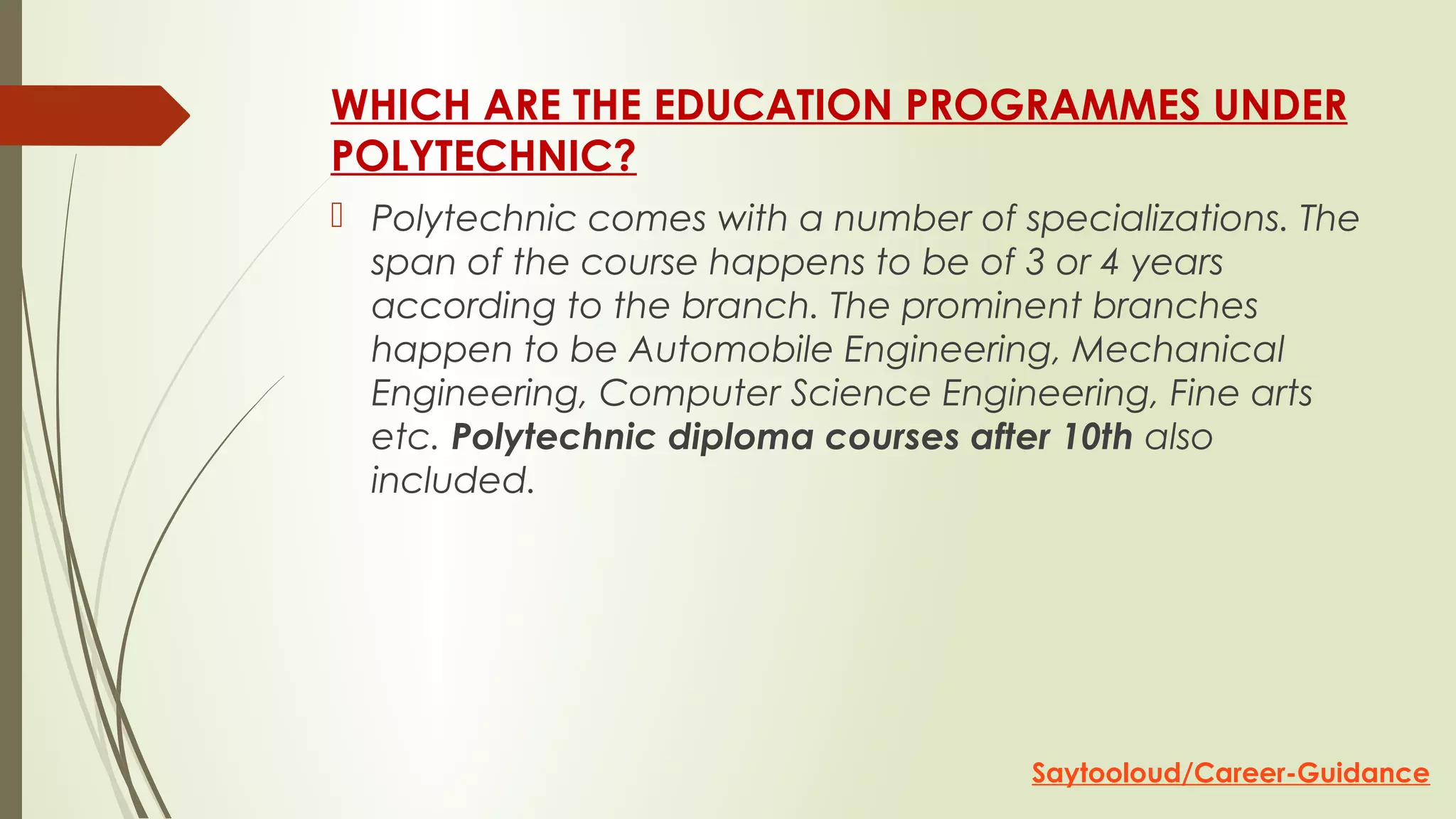 Polytechnic education in india:courses after 10th | PPT