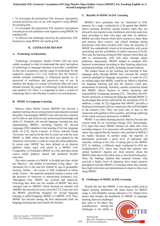Polytechnic esl lecturers's acceptance of using mooc for tesl | PDF