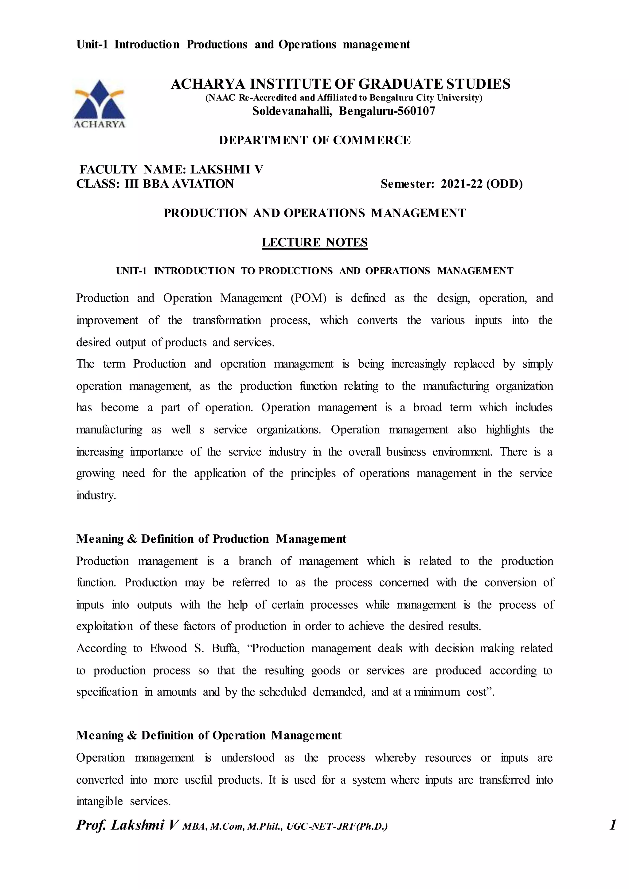 Unit-1Introduction to Productions and Operations management | PDF