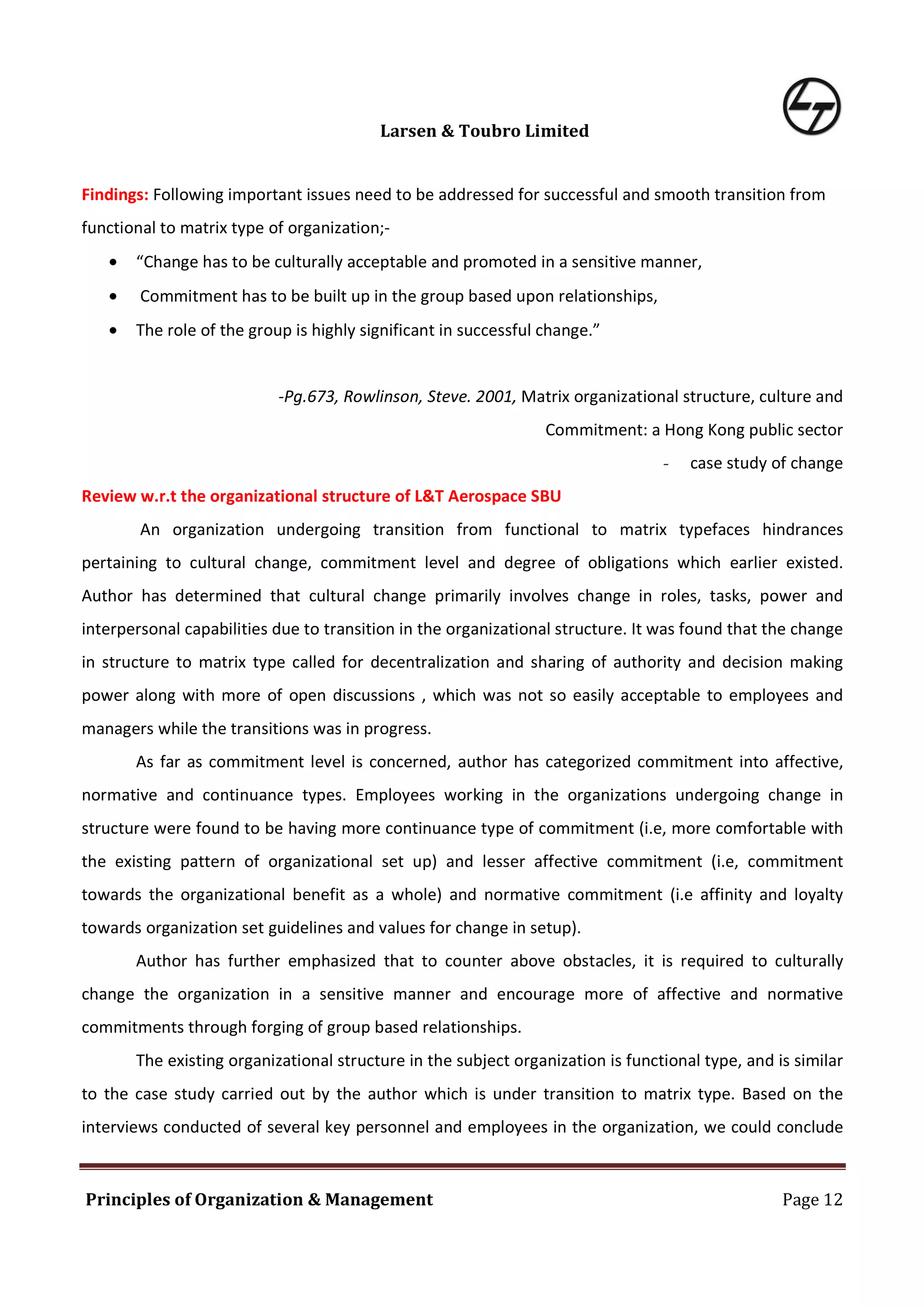 Organizational Structure & Leadership Style in M/s Larsen & Toubro , Mumbai. | PDF