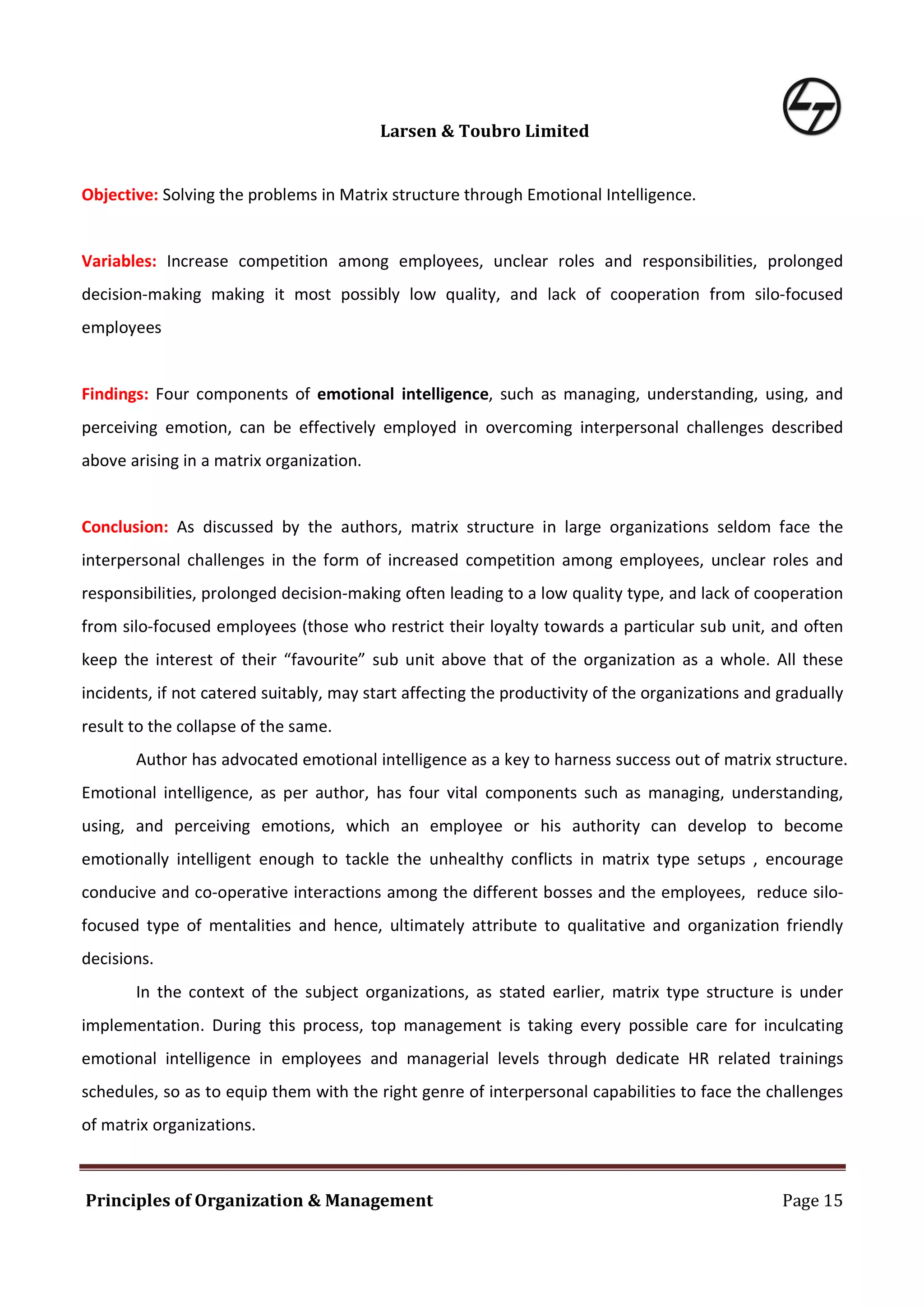 Organizational Structure & Leadership Style in M/s Larsen & Toubro , Mumbai. | PDF