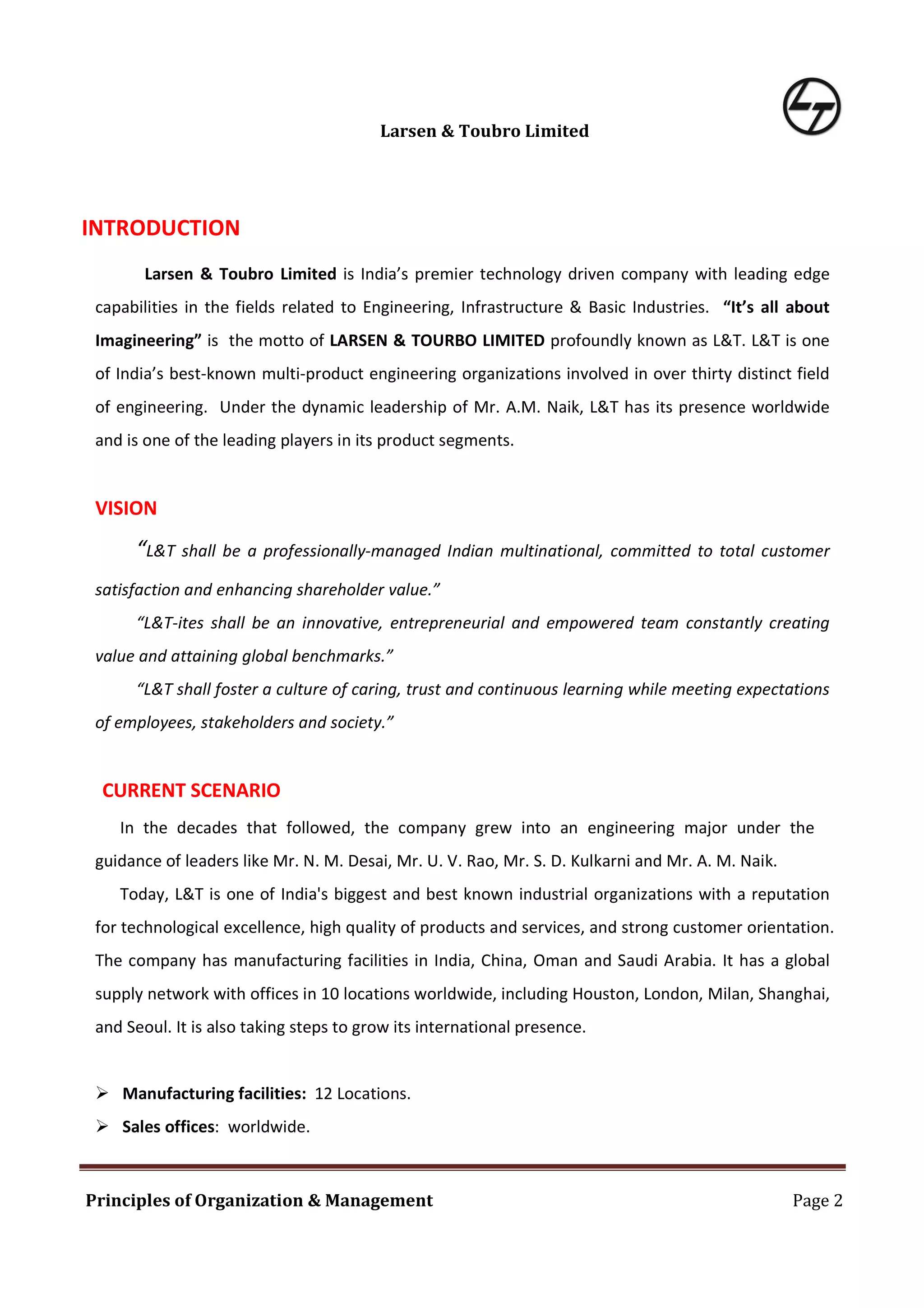Organizational Structure & Leadership Style in M/s Larsen & Toubro , Mumbai. | PDF
