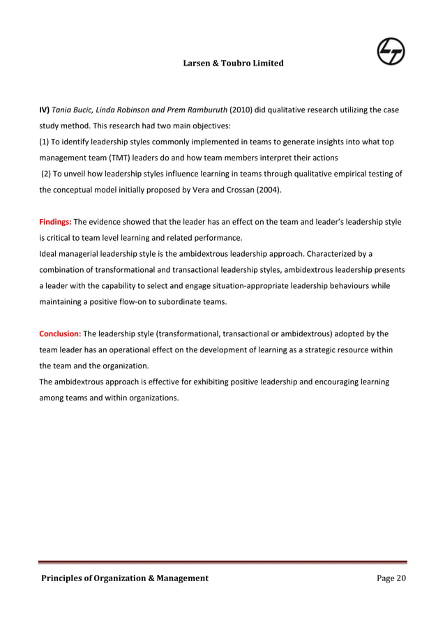 Organizational Structure & Leadership Style in M/s Larsen & Toubro , Mumbai. | PDF