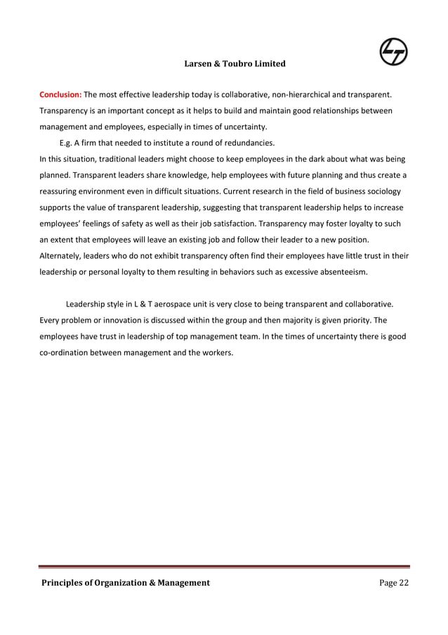 Organizational Structure & Leadership Style in M/s Larsen & Toubro , Mumbai. | PDF