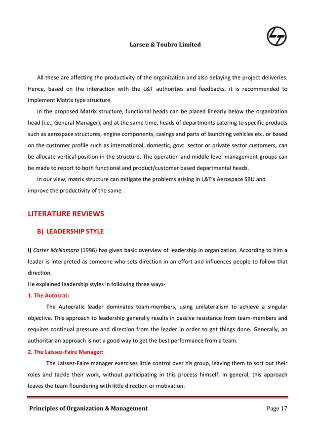 Organizational Structure & Leadership Style in M/s Larsen & Toubro ...