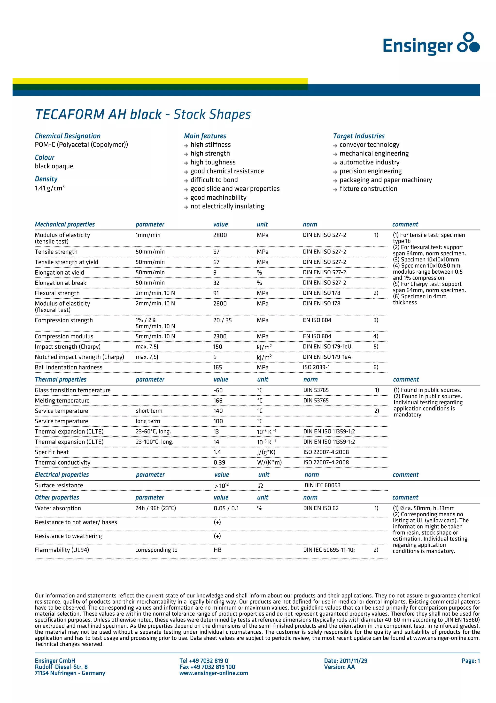 Pom properties data sheet_tecaform_ah__black_ensinger | PDF