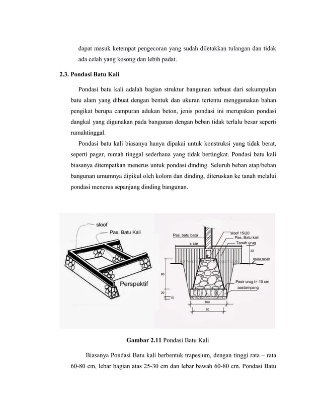 Metode pelaksanaan konstruksi Pondasi Setempat dan Pondasi Batu Kali. | PDF