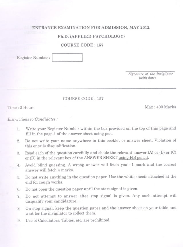 Pondicherry University 2012 Ph.D Applied Psychology entrance exam ...