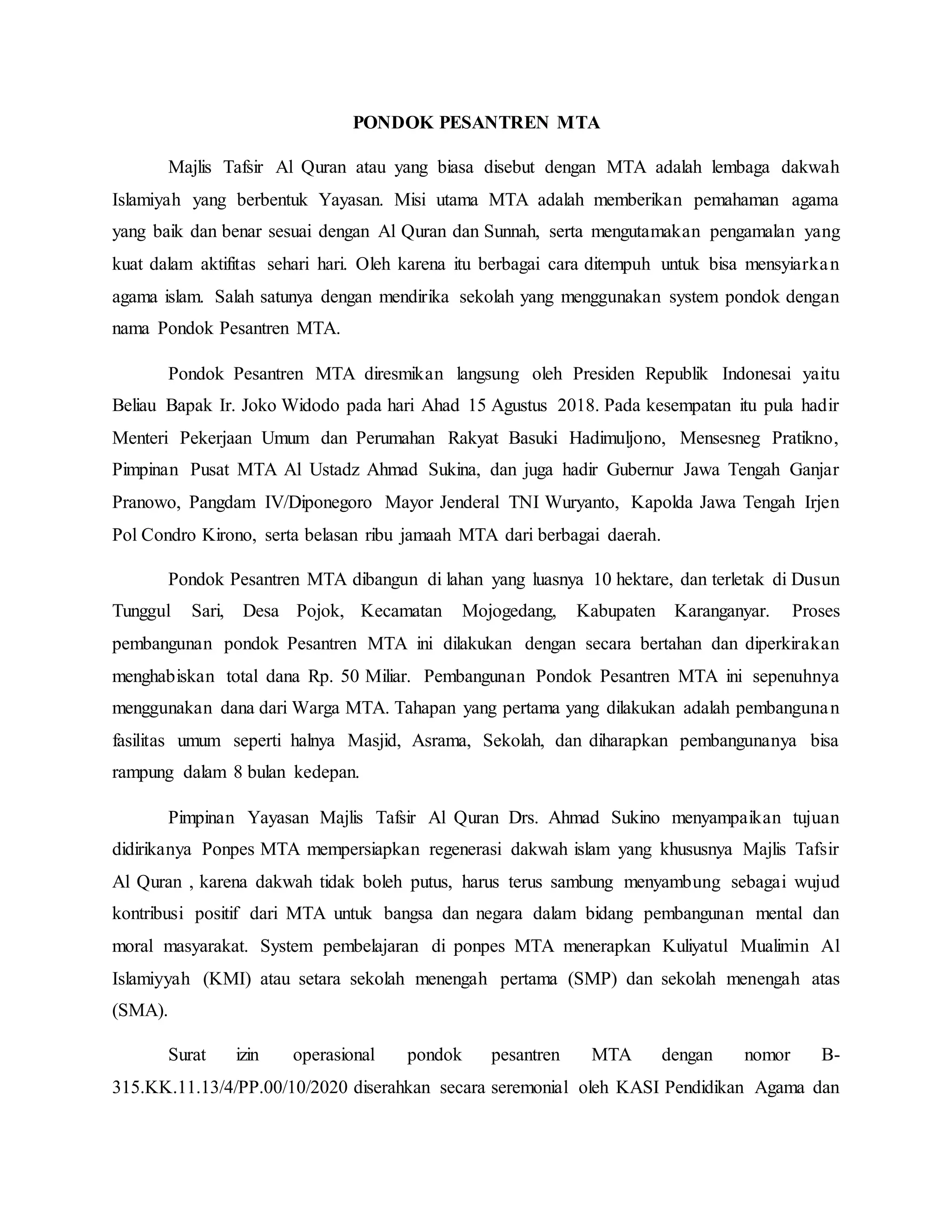 Pondok pesantren mta | DOCX