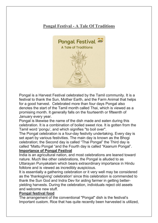 Pongal Festival - Importance of Pongal Festival.pdf | National & Civic Holidays | Holidays
