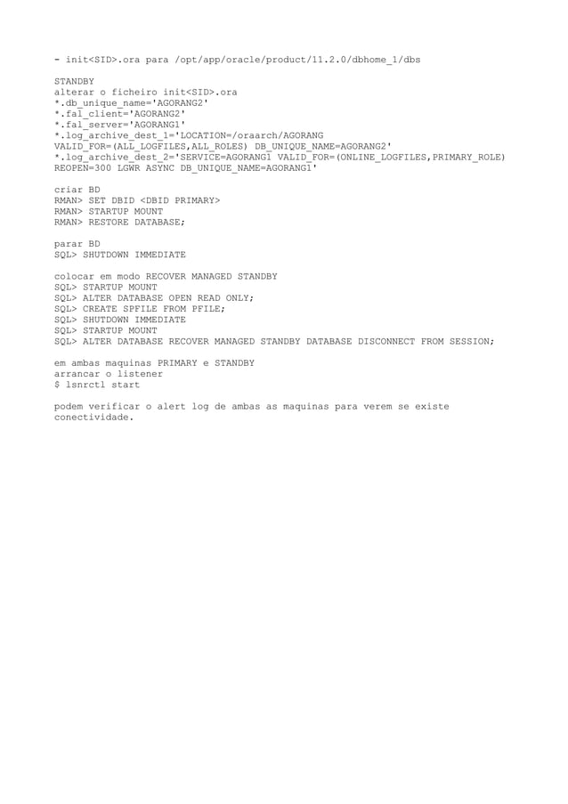 Pontos para criar_instancia_data guard_11g | TXT | Databases | Computer Software and Applications
