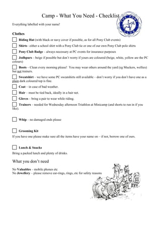 Pony club camp checklist | DOC