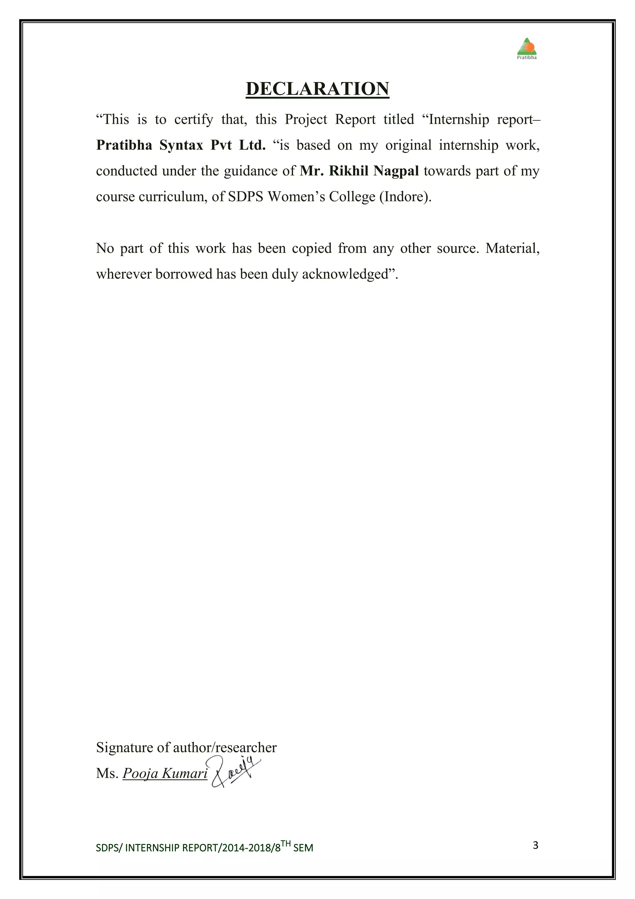 pratibha syntex pvt ltd, internship report by pooja | PDF