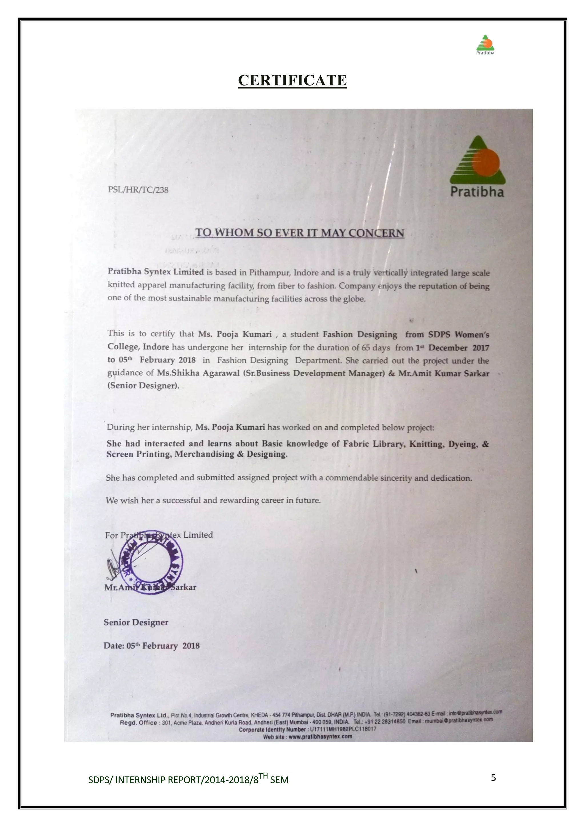 pratibha syntex pvt ltd, internship report by pooja | PDF