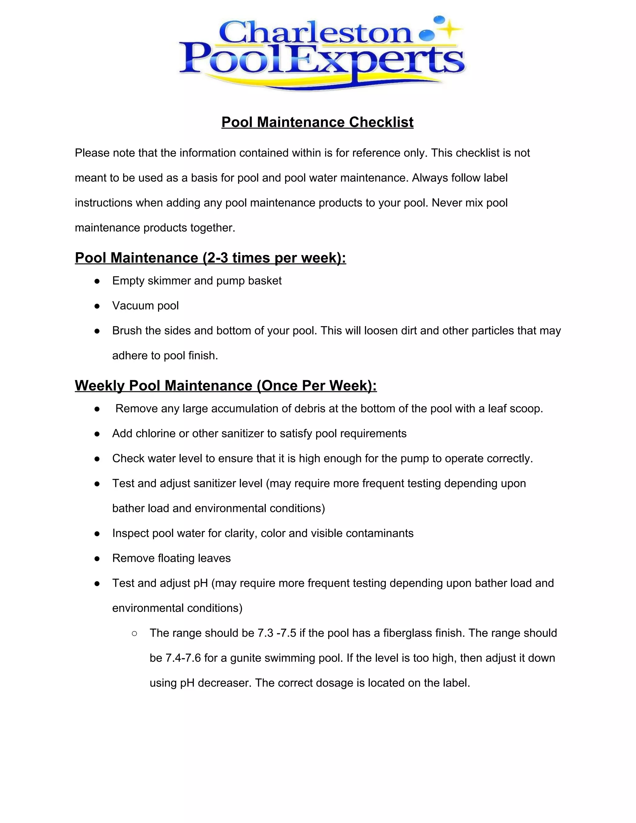 Pool Maintenance Checklist | PDF