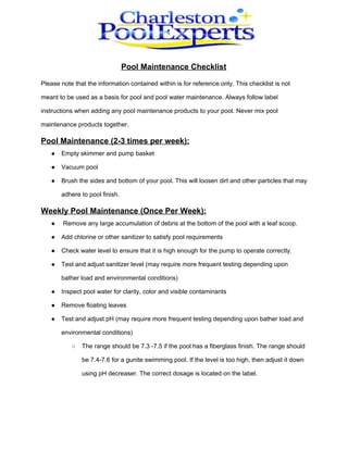 Pool Maintenance Checklist | PDF