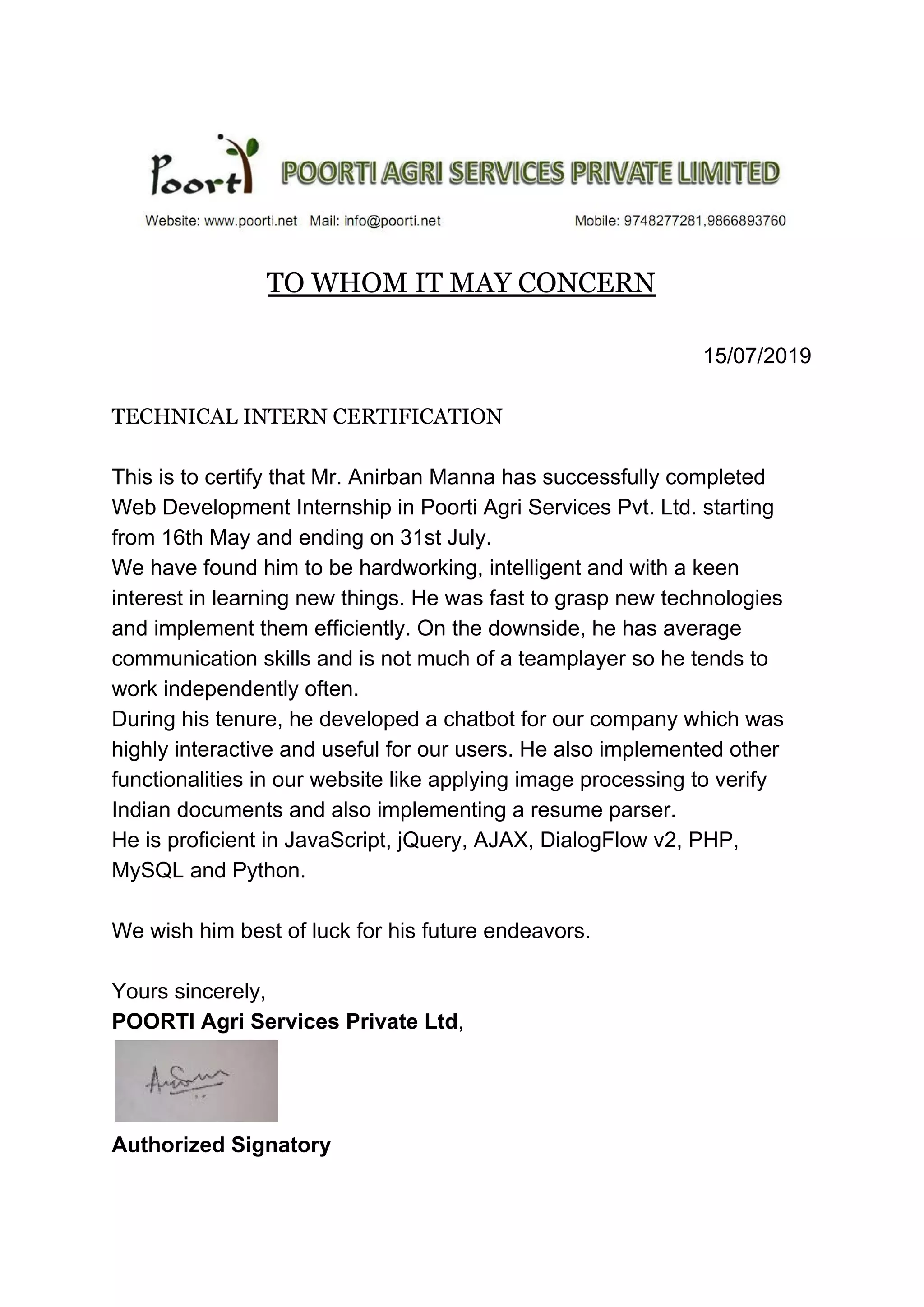 Poorti intern certificate | PDF