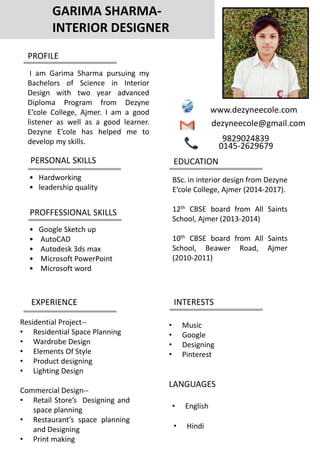 Garima Sharma ,B.Sc-Interior Design+2 years diploma | PDF