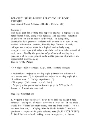 Pop cultureself-help relationship book critique assignment sheet | PDF