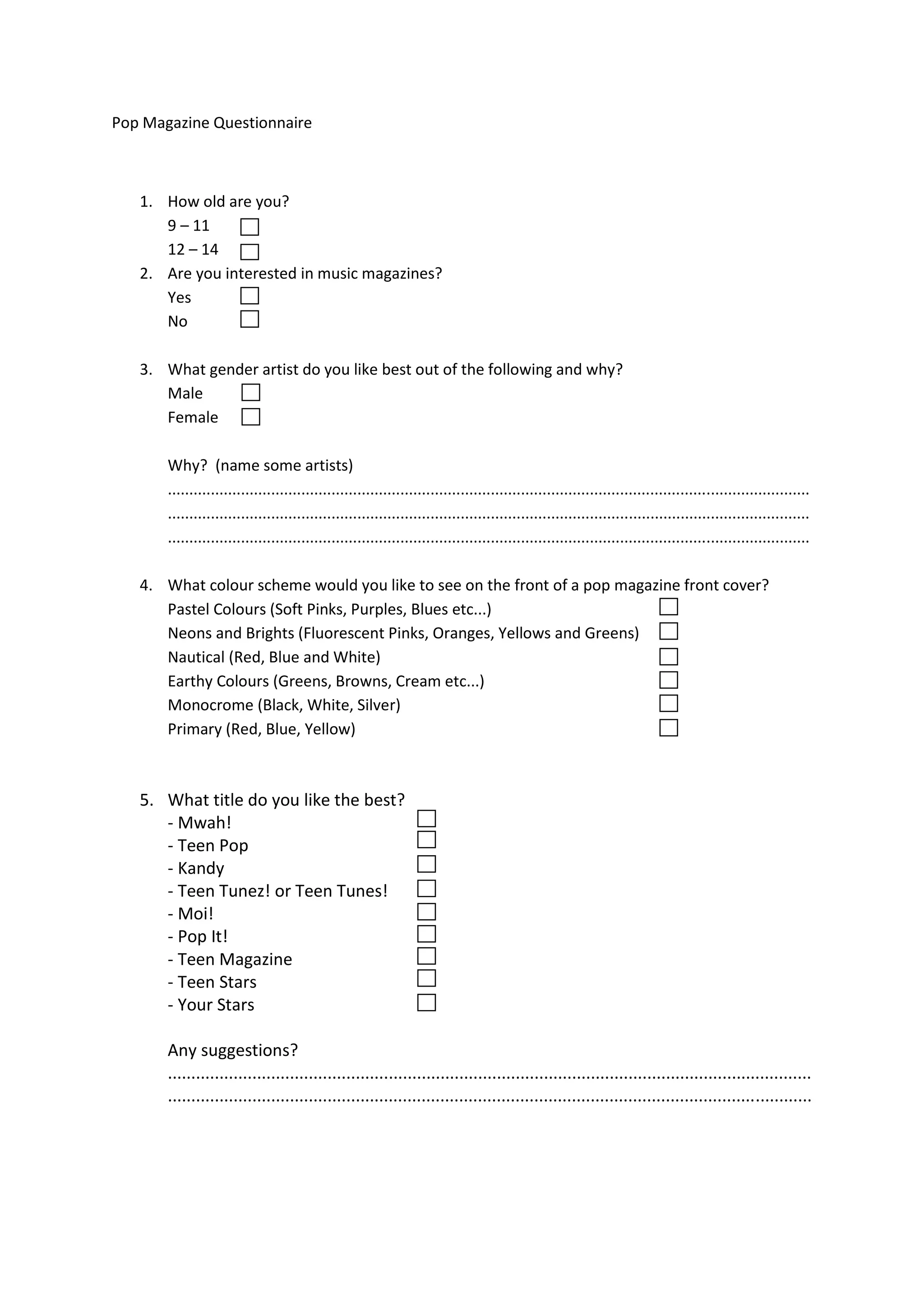 Pop magazine questionnaire | PDF