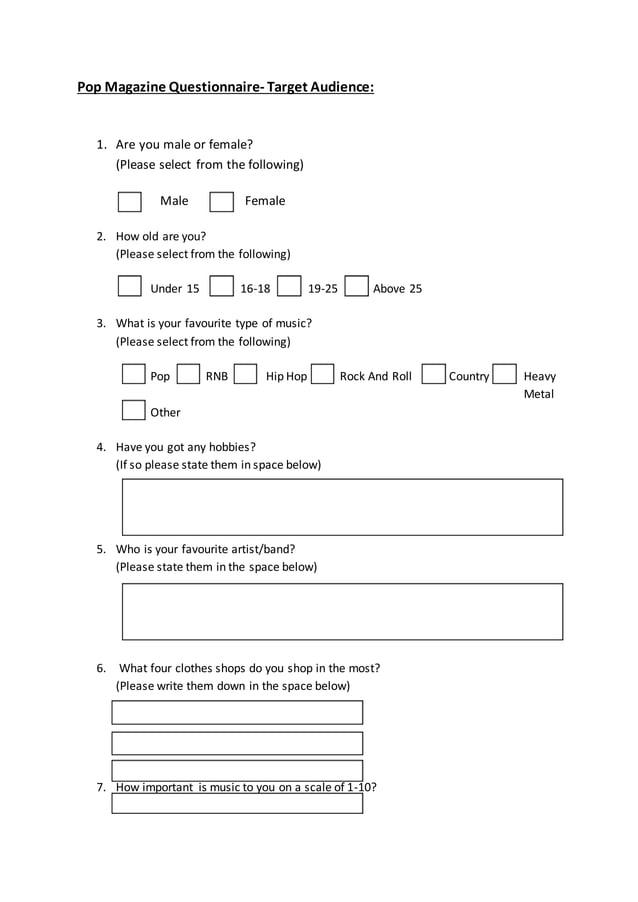 Pop Magazine Questionnaire | DOCX