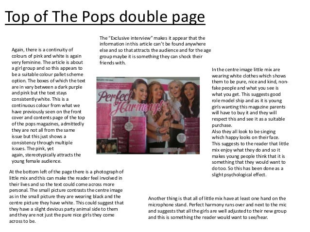 Pop music magazine double page spread annotations