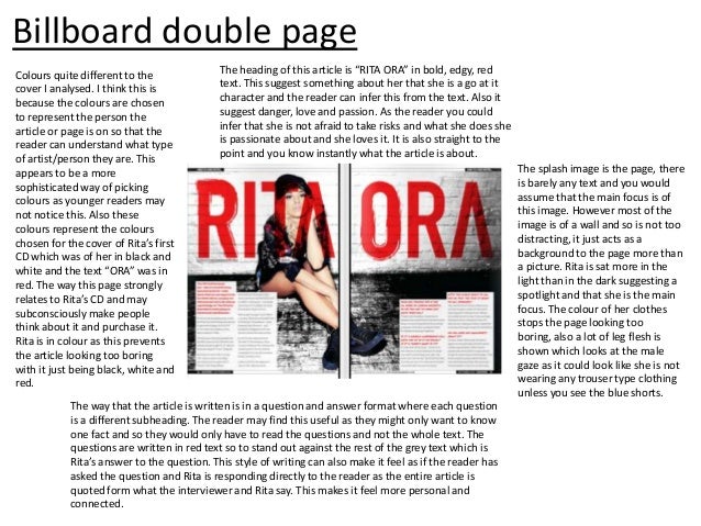 Pop music magazine double page spread annotations