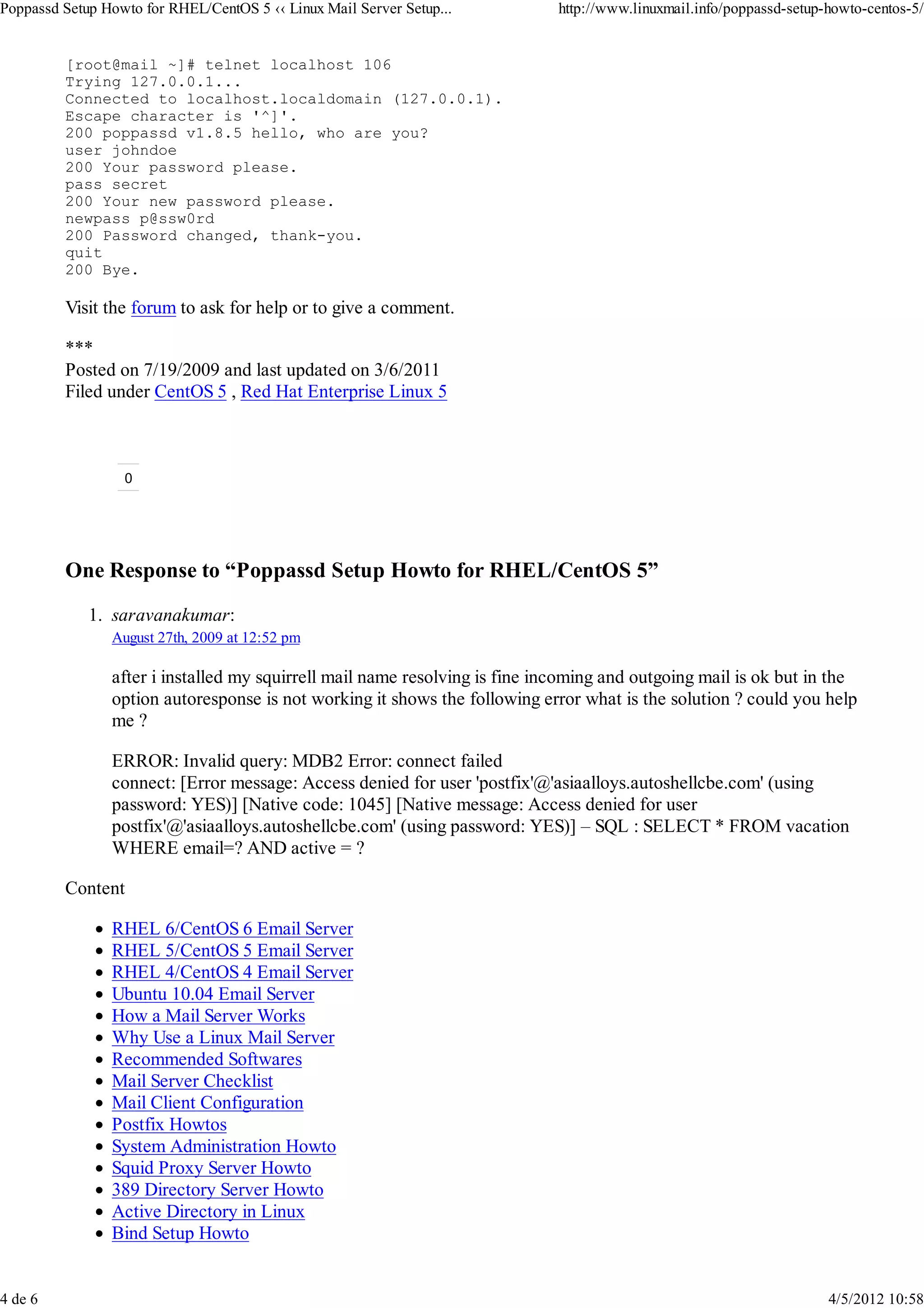 Poppassd setup howto for rhel cent os 5 ‹‹ linux mail server setup and howto guide | PDF