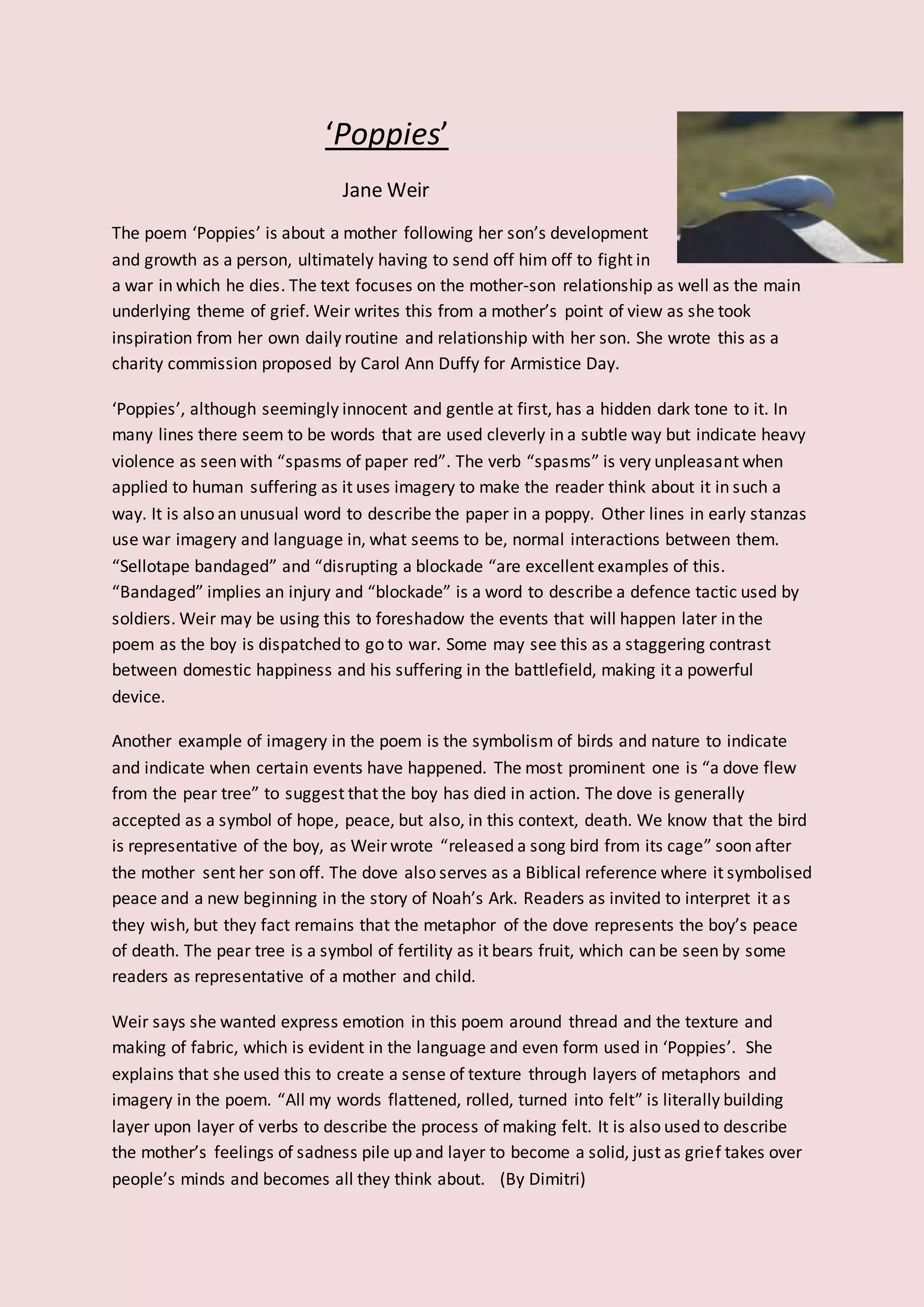 Poppies - Jane Weir | DOCX | Bereavement | Family and Relationships