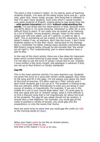 Pop songs in the English class | PDF